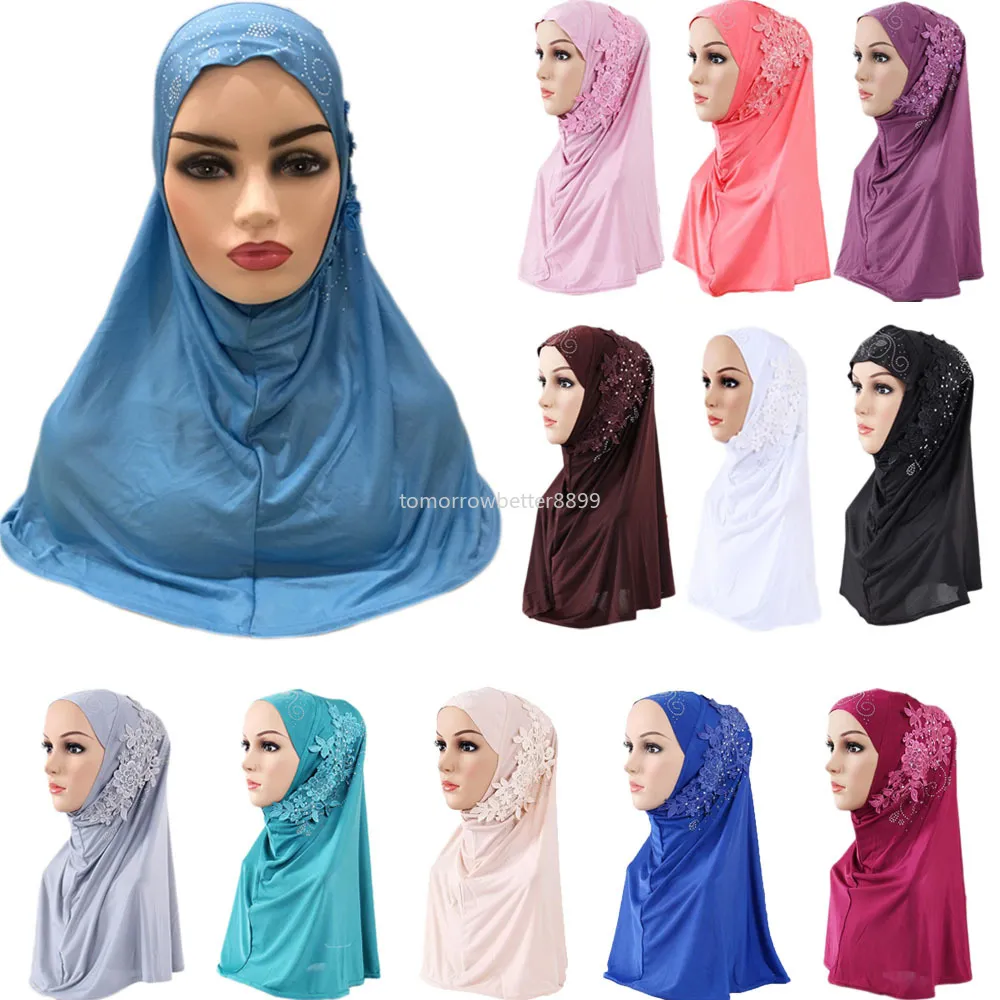 Muslim Hijab Scarf One Piece Solid Flower Rhinestone Shawl Women ...