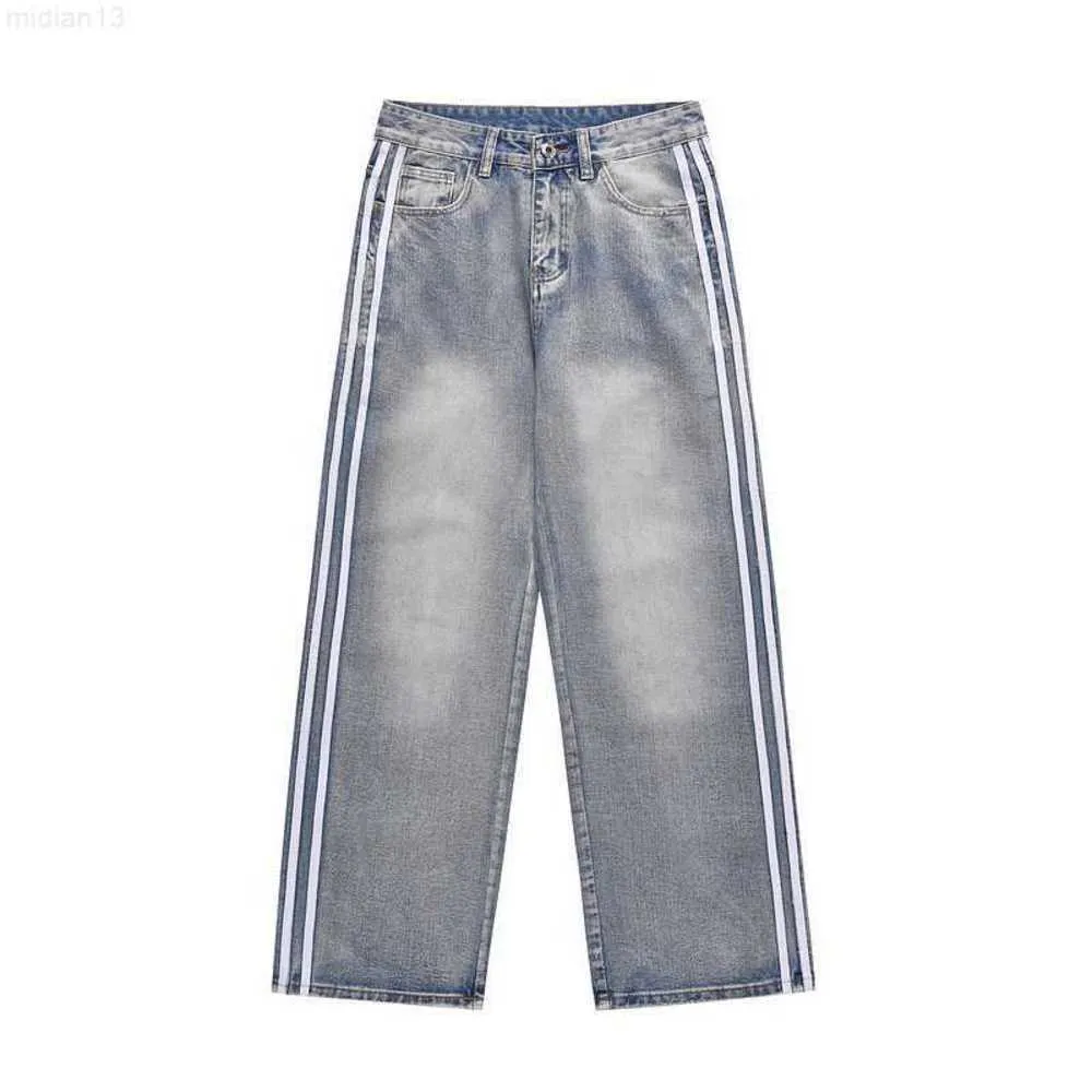 Unisex High Street Washed Embroidered Striped Jeans With Old Sticker ...
