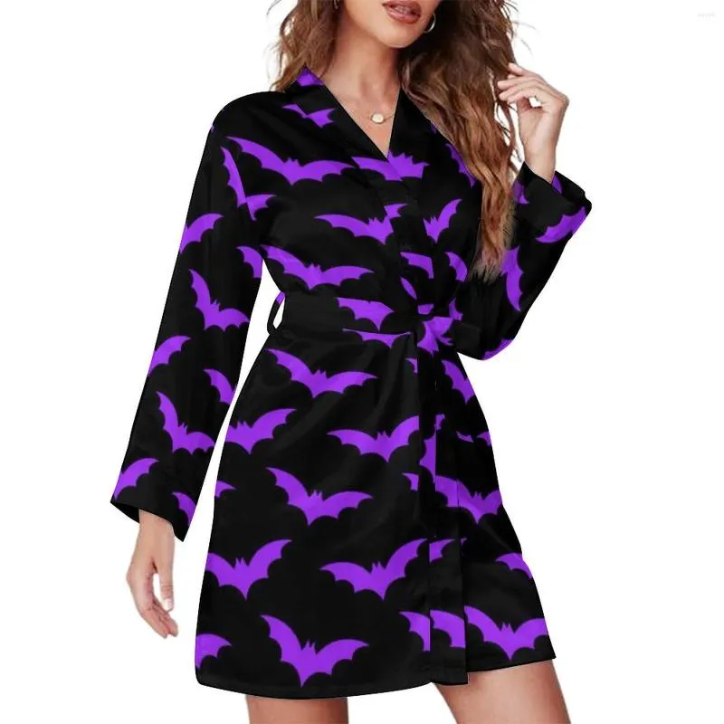DHgate.com:Womens Purple Bat Print Halloween Robe: Long Sleeve Cozy V ...