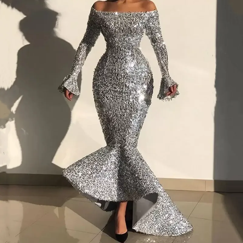 Mermaid Style Prom Dresses: Glitter Sequined Long Sleeve Formal Gown In Silver From Chicweddings ...