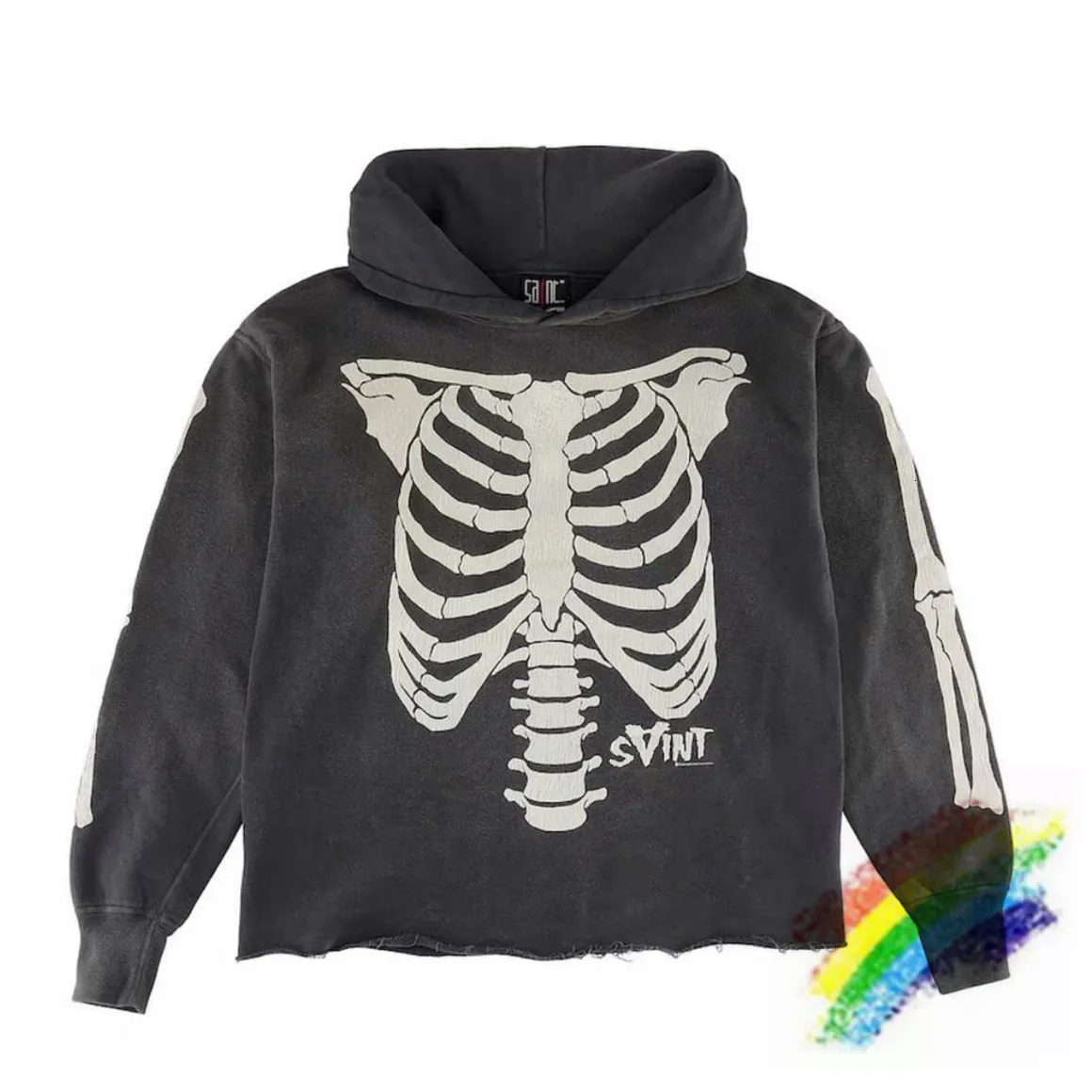 Washed Skeleton Rib Cracking Printing Hoodie Men Women Washed Skeleton Rib Cracking Printing Hoodie Men Women