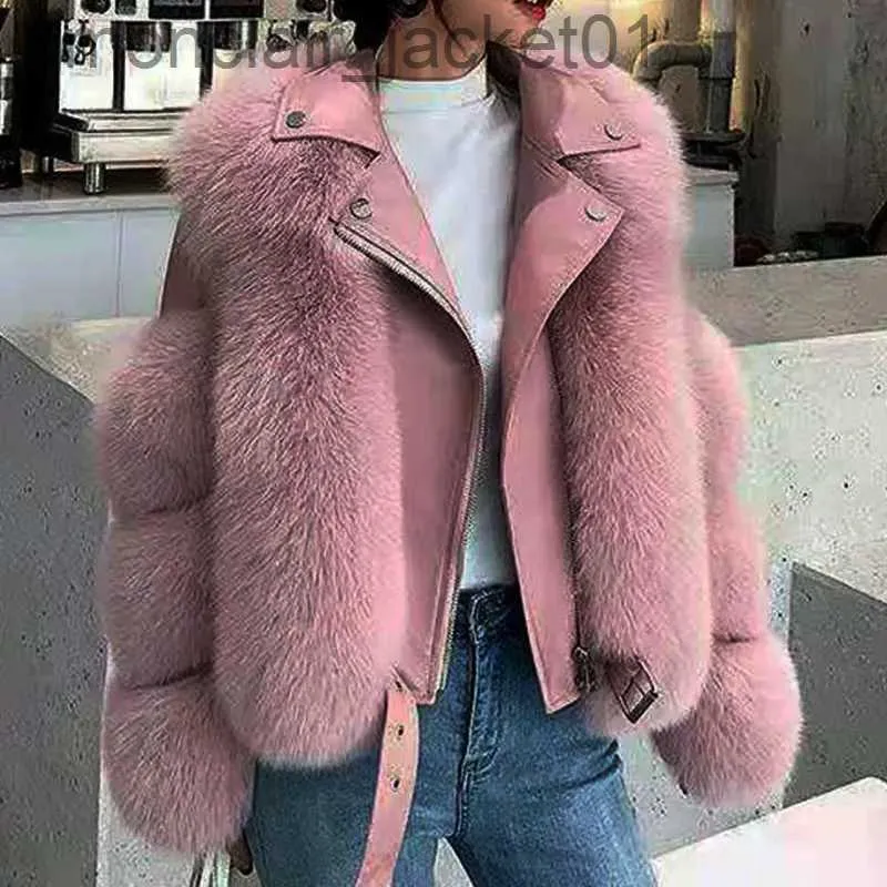 Women's Faux Fur Leather Motorcycle Jacket - Stylish Short Fox Fur Coat ...