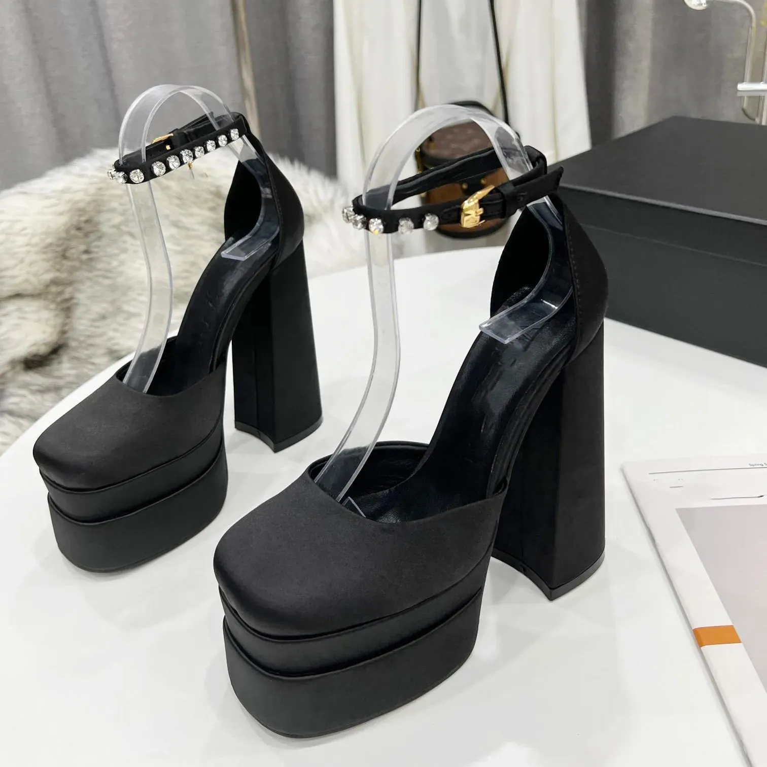 Dupe Platform High Heels Designer Sandals Women Pumps Rhinestone Satin ...