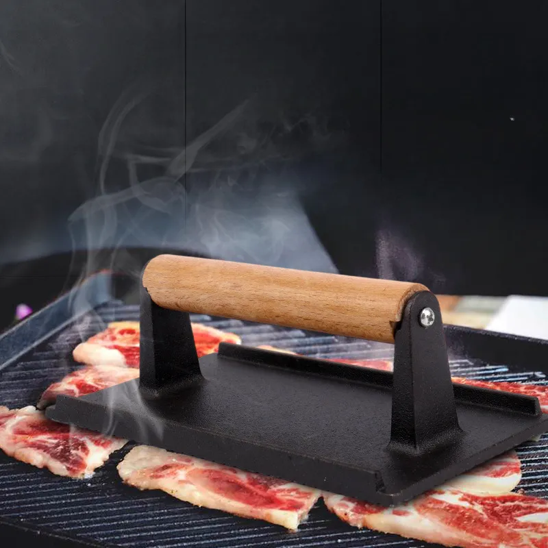 Cast Iron Teppanyaki Plate With Wooden Handle For Steak Press And Grill ...