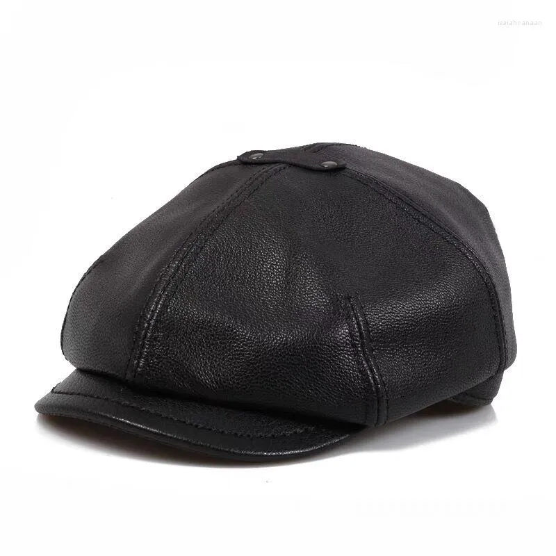 2023 Genuine Leather Sheepskin Leather Beret Cap With Ear Flaps For Men ...