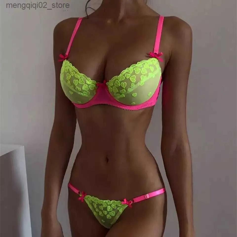 Bras Sets Sexy Fluorescent Lace Bra Underwear Set Sexy Underwear See Through Mesh Thong Push Up