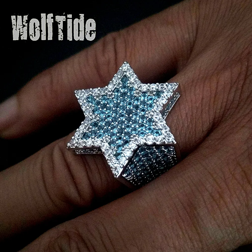 18K White Gold Pentagram Hip Hop Ring Mens Buttergly Bling Cubic ...