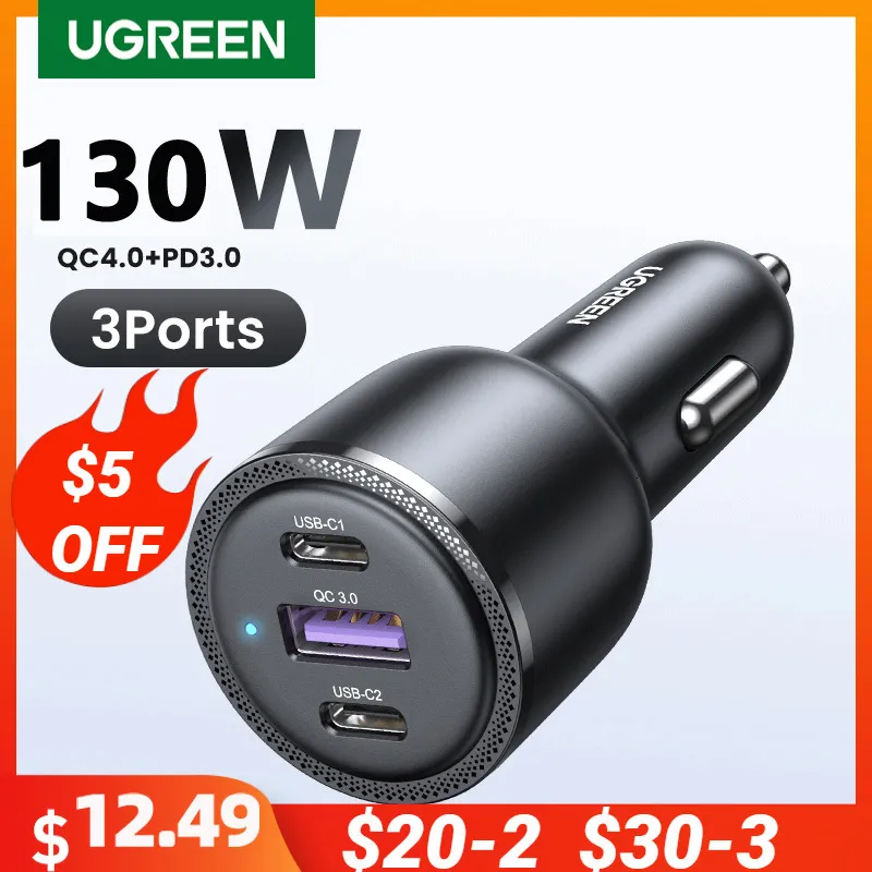 Mobile Phone Power Adapter UGREEN 130W USB C Car Charger For Laptops Tabet PD3.0 Quick Charger ...