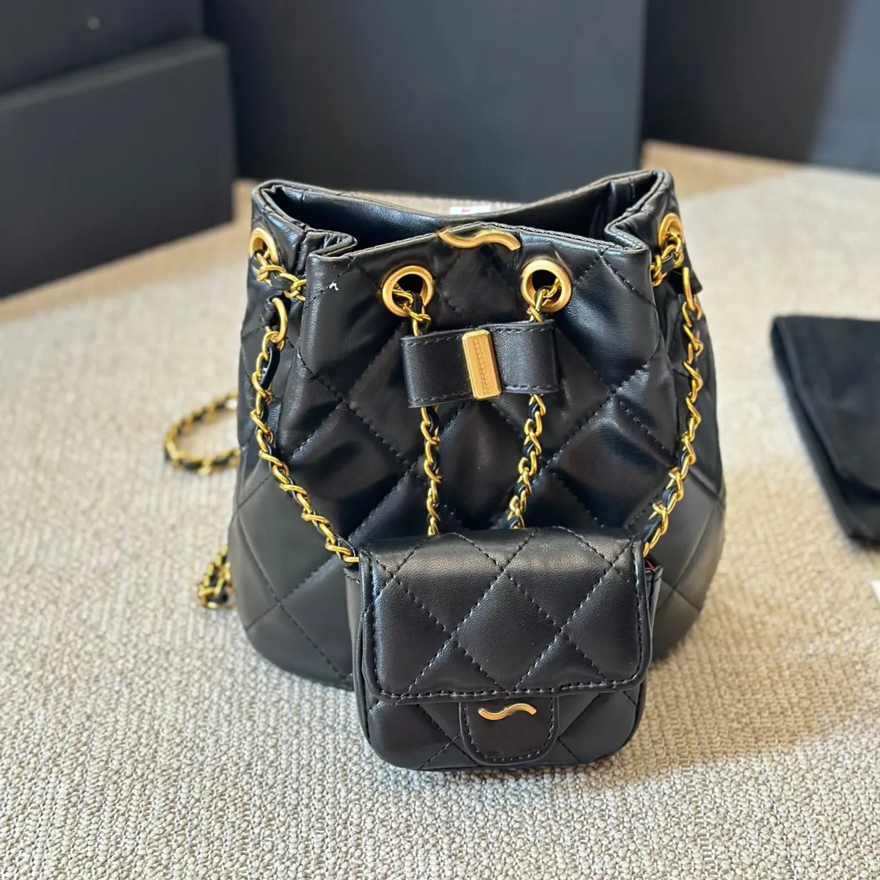 Womens Mini Drawstring Backpack With Shiny Bottom, Large Logo Calf ...