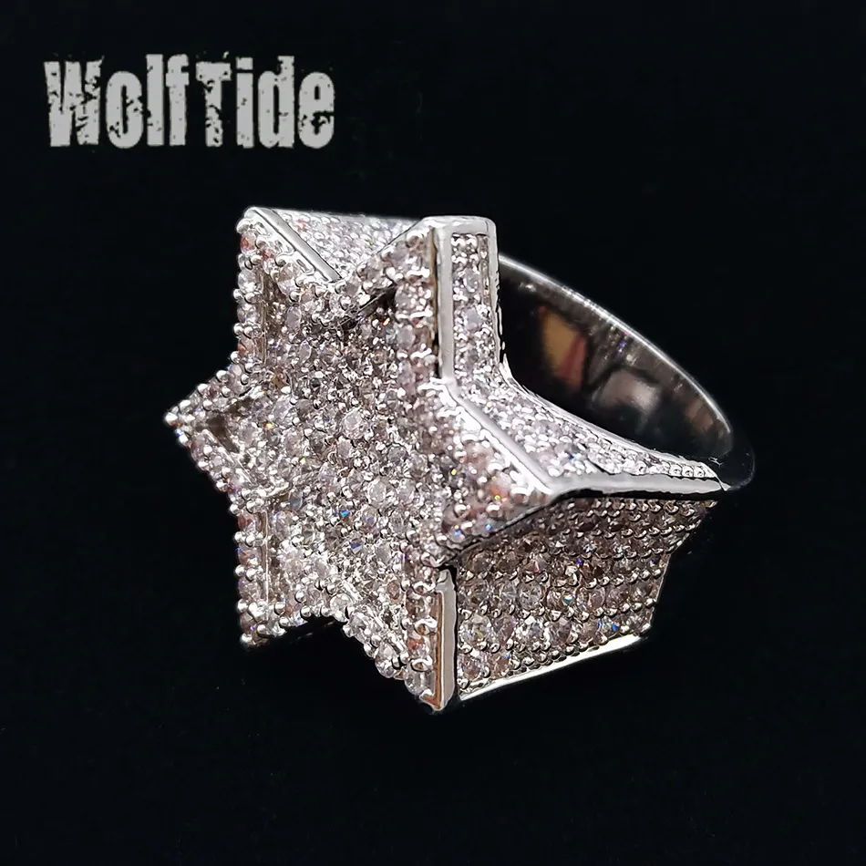 18K White Gold Pentagram Hip Hop Ring Mens Buttergly Bling Cubic ...