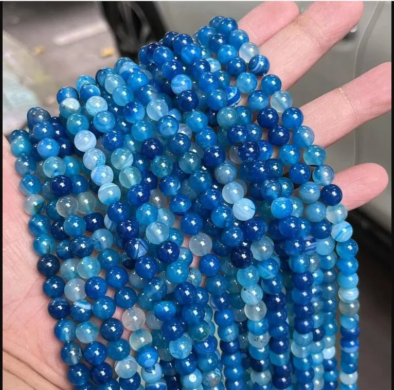 Natural Lake Blue Striped Agate Beads - 4-10mm Round Gemstone Beads for ...