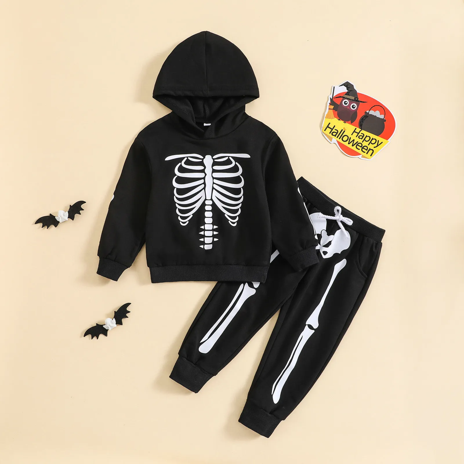 DHgate.com:Spooky Vibes: Kids 2-Piece Halloween Outfits - Bone Print Hooded Sweatshirt & Pants ...