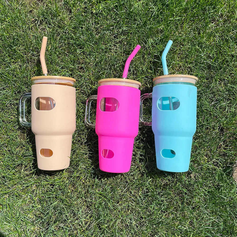 32oz High Borosilicate Silicone Water Cup With Bamboo Lid And Straw ...