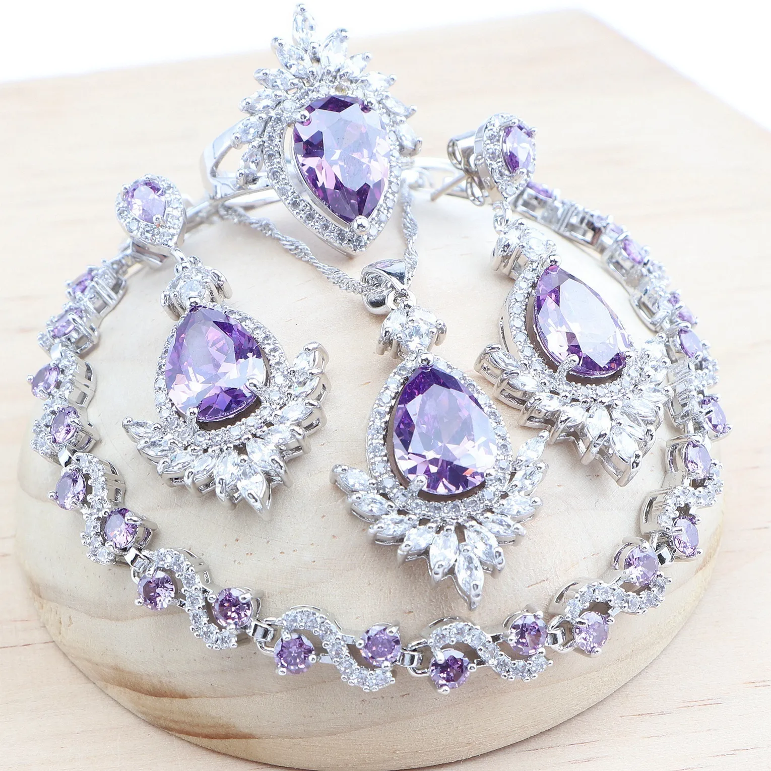 925 Sterling Silver Purple Zircon Wedding Jewelry Set: Bridal Necklace ...