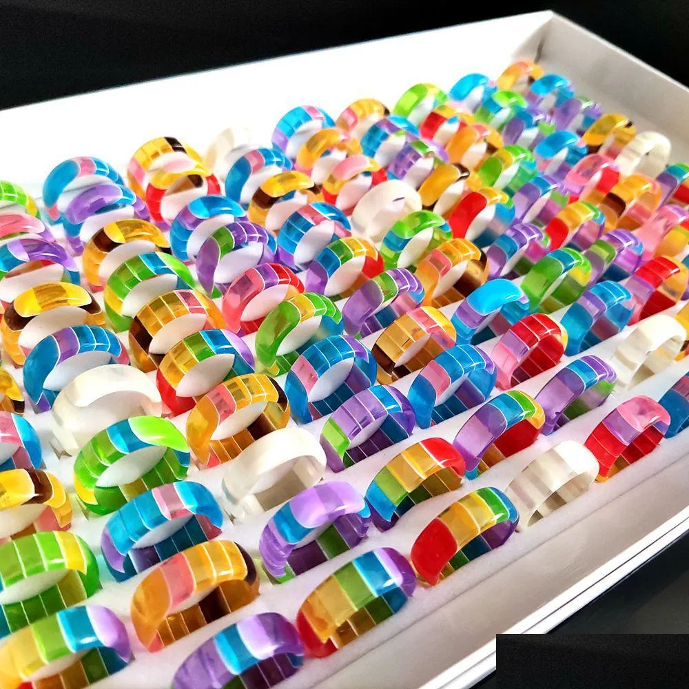 Beautif Resin Acrylic Rubber Band Rings For Women 7mm Colorful Charms ...