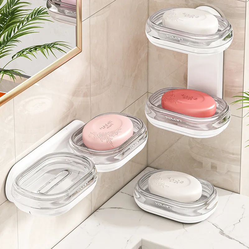 Wall Mounted Soap Dish Holder - Double Layer Drain Soap & Sponge Saver ...