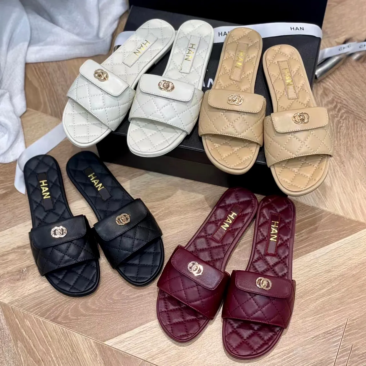 Luxury Lambskin Quilted Leather Sandals For Women And Men Flat Slide ...