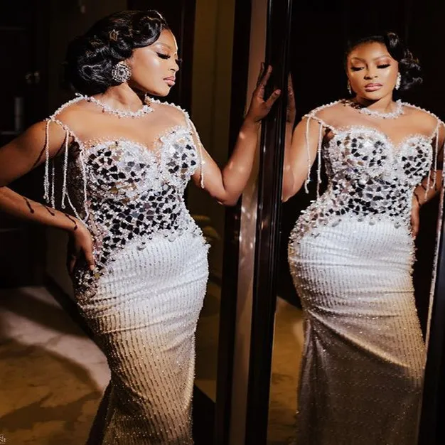 2023 Oct Arabic Aso Ebi Plus Size White Mermaid Wedding Dress Crystals ...