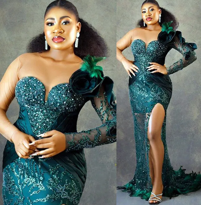 ASO Ebi Arabisch Dunkelgrüner Meerjungfrau Abschlussball Kleid Feder ...