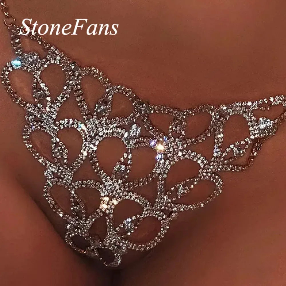 Stonefans Rhinestone Heart Body Chain Luxury Crystal Thong Bikini Body