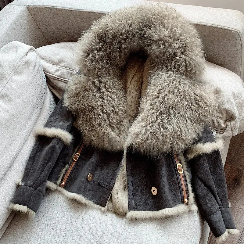 Womens Wool Blend Sheepskin Coat with Rabbit Fur Full Pelt Collar Short ...