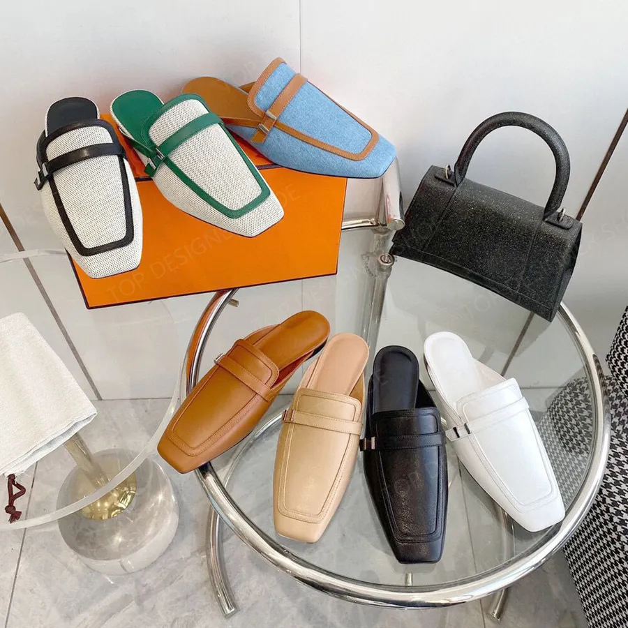 Top Quality Famous Brand Classic Real Leather Square Flat Mules Luxury ...