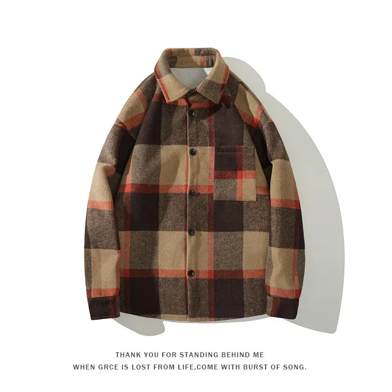 Men's Autumn Wool Blend Plaid Jacket, Fashion Retro Streetwear Loose ...