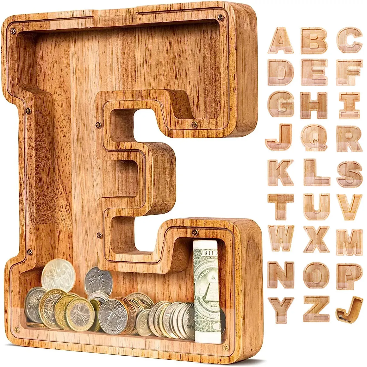 Wooden wooden coin bank Coin Money Saving Box - Novelty Alphabet Letter ...