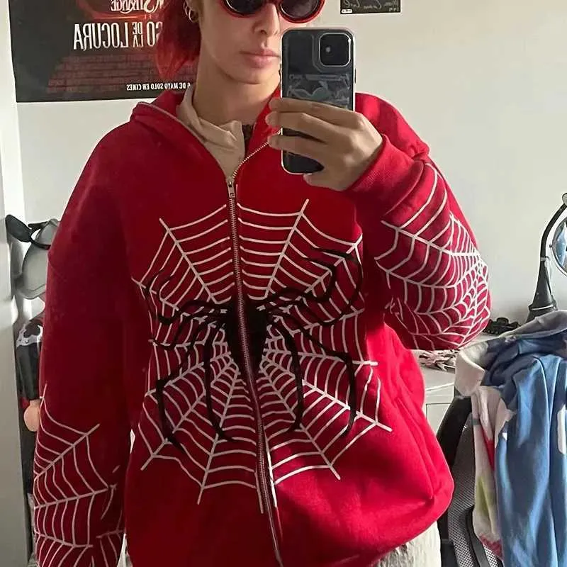 DHgate.com:Red Spider Web Graphic Printed Zip Up Y2K Hoodie Gothic ...