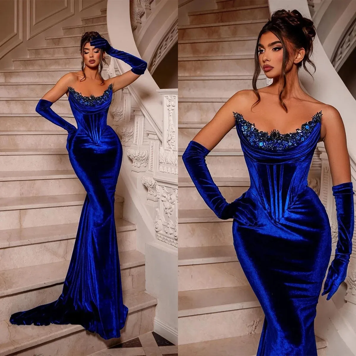 Royal Blue Strapless Mermaid Royal Blue Evening Dress With Beading And