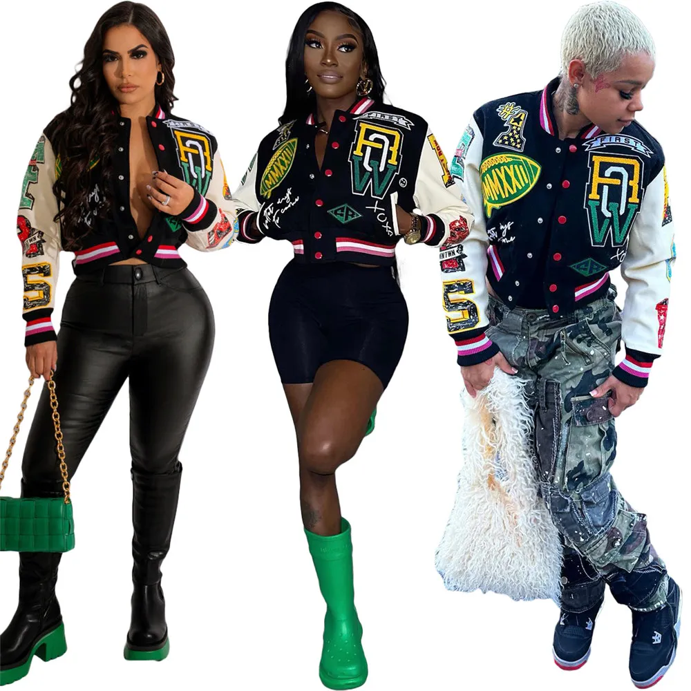 Women's Designer Baseball Jacket - Casual Patchwork Romber Coat, Long ...