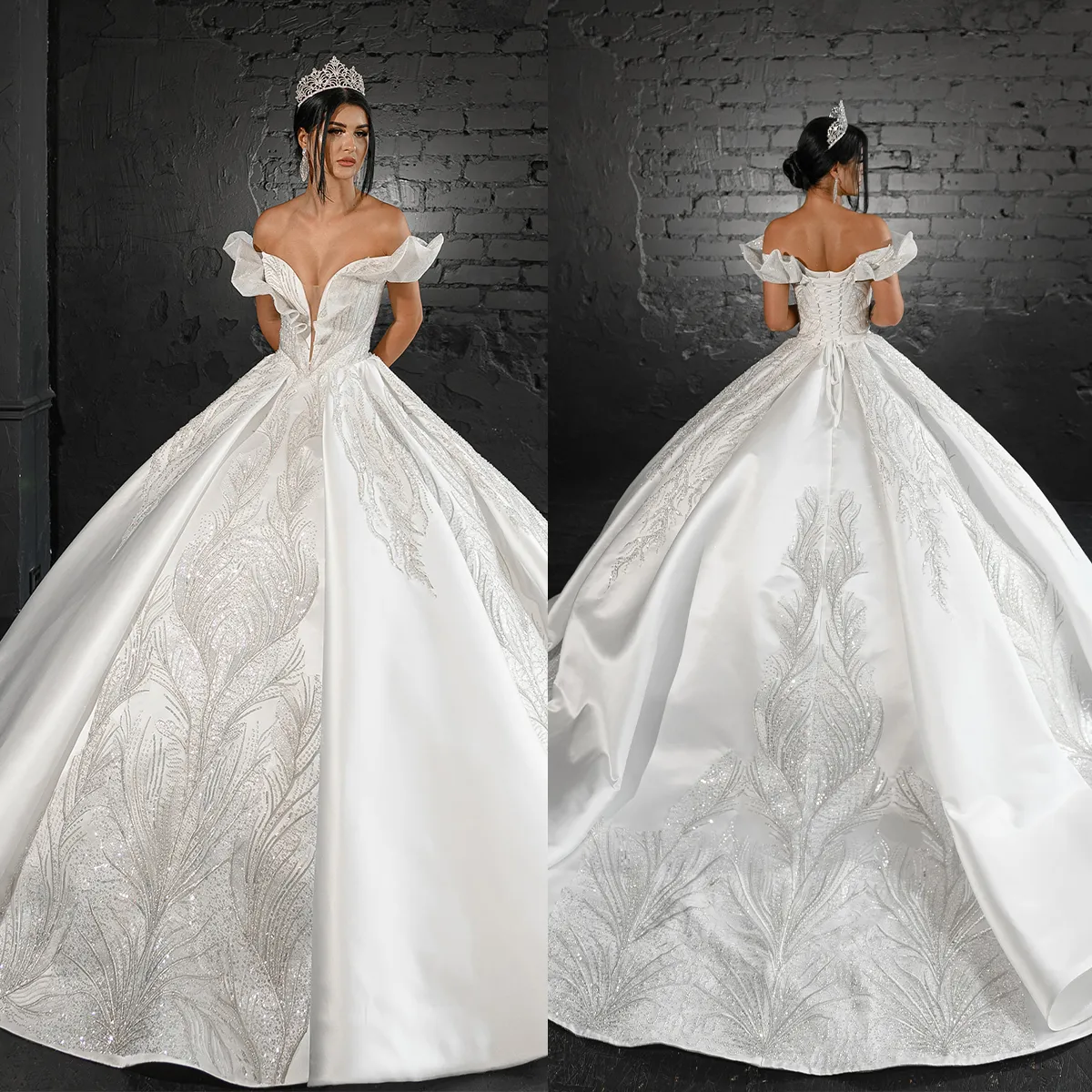 Off the Shoulder V-Neck Satin Ball Gown Wedding Dress with Lace Up ...