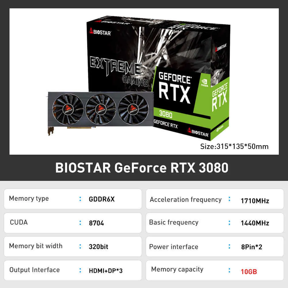 BIOSTAR Nueva Tarjeta Gráfica RTX 3080 LHR GDDR6X 10GB NVIDIA GPU ...