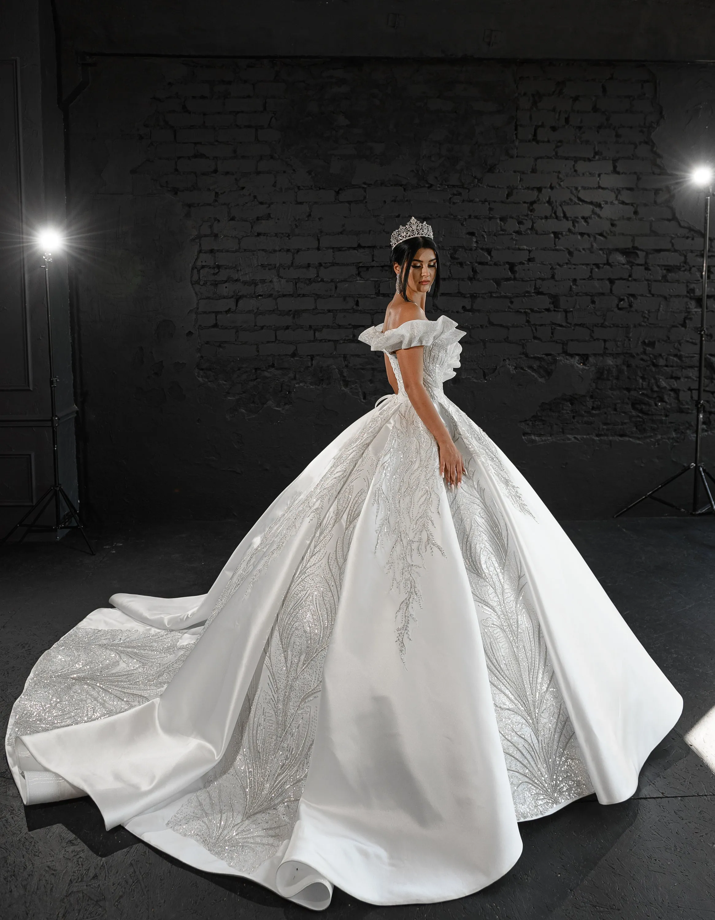 Off the Shoulder V-Neck Satin Ball Gown Wedding Dress with Lace Up ...