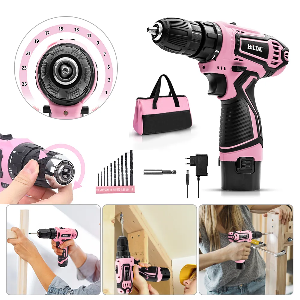 Pink Cordless Electric Drill Pink Set With 12V Lithiumion Driver And 12 ...