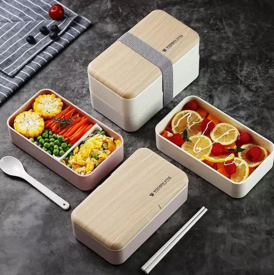 1200ml Double Layer Bento Box - Wooden Look Lunch Container, Microwave ...