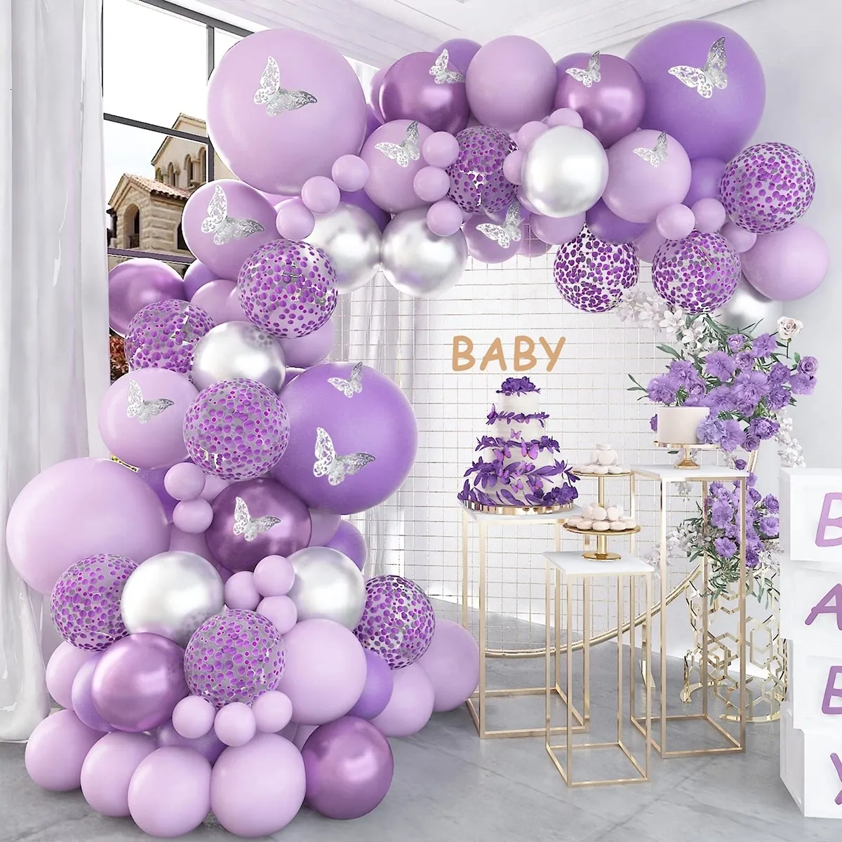 Purple Balloon Garland Arch Kit with Butterfly and Round PVC Balloons ...