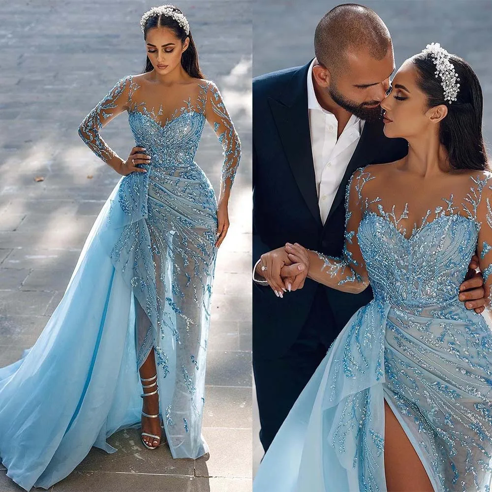 Sky Blue Sheer Mermaid blue prom dress with Jewel Neckline, Lace Appliques, and Long Sleeves ...