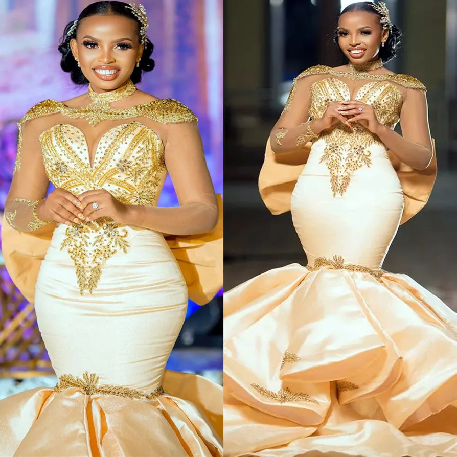 Prom Dresses Arabic Aso Ebi Mermaid Champagne Dress With Lace, Beaded ...