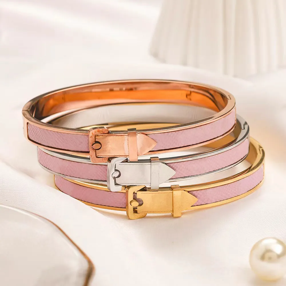 Designer Jewelry Women Pink Leather Bracelets Gold Bangle Silver ...