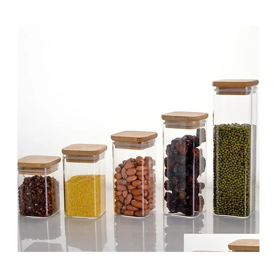 Transparent Square Glass Pantry Storage Jars With Bamboo Lid For Grain ...