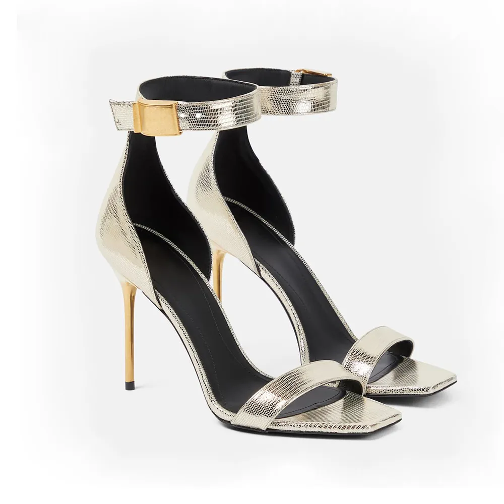Metallic Stiletto Heel Gold Sandals Heels For Women 10.5cm High Heeled ...