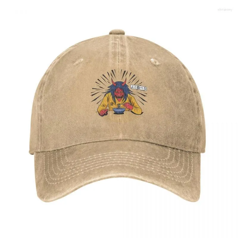 Red Horned Oni Yokai Devil Eating Ramen Eat Well Trendy Baseball Caps ...