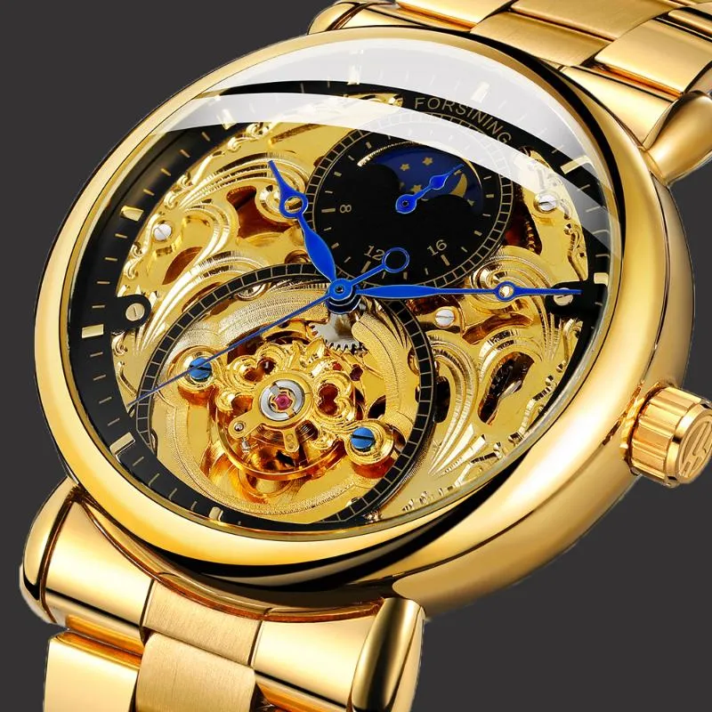 Gold Case Skeleton Moon Phase Tourbillon Wristwatch For Men Automatic ...