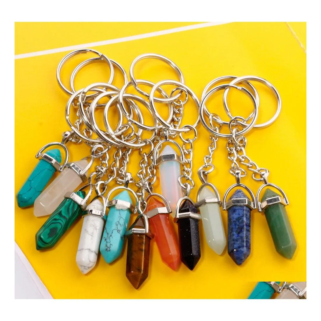 Natural Stone Hexagonal Prism Keychain With Amethyst, Rose Quartz ...