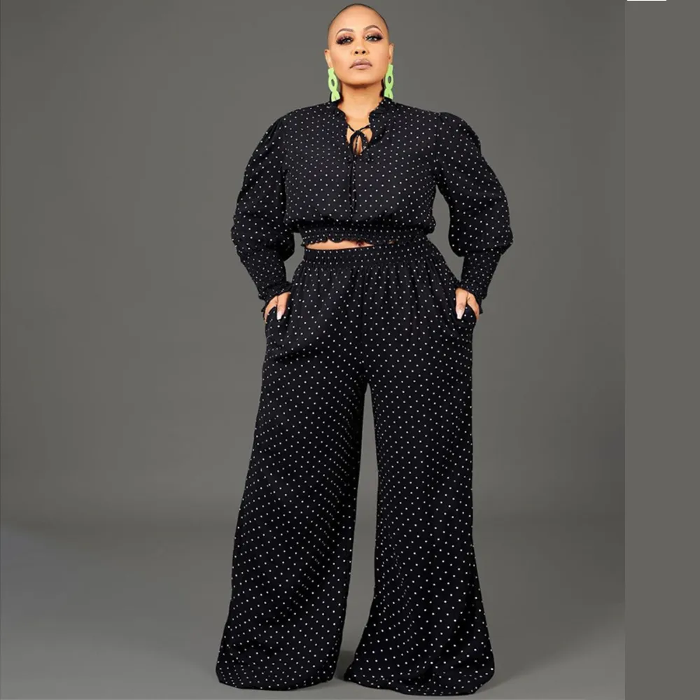 Women's Plus Size Two Piece Tracksuit Set: Polkadot Round Neck Lace-Up ...
