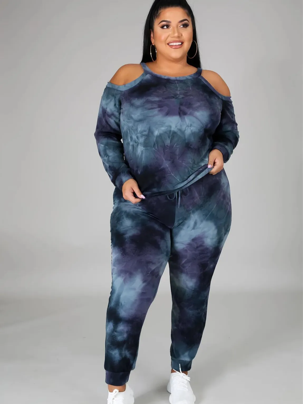 Women's Plus Size Tracksuit: Off Shoulder Round Neck Tie Dye Dark ...