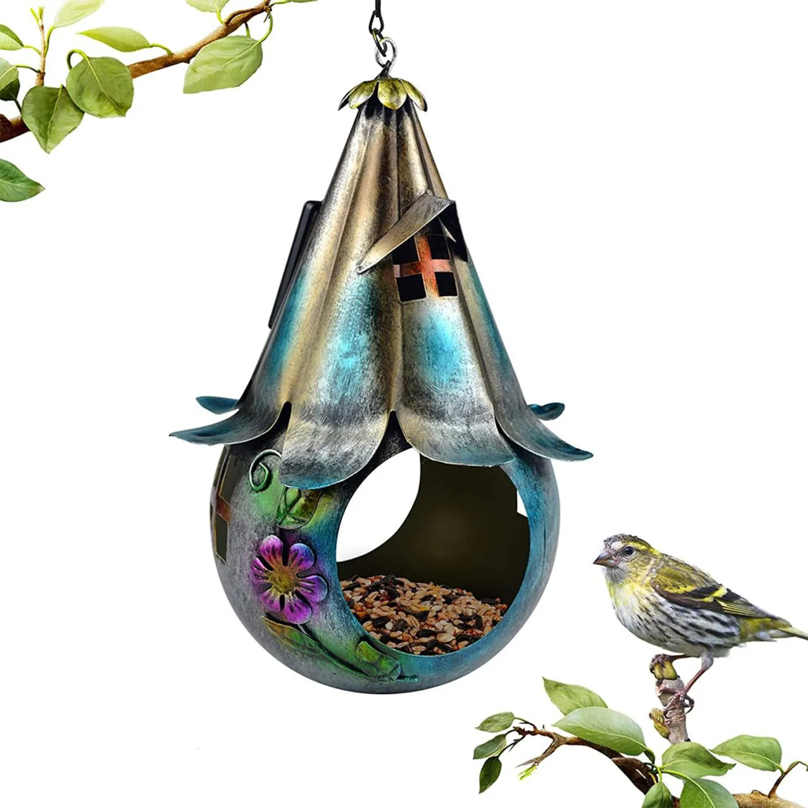 Solar Bird Feeder Powered LED Light Metal Wild Bird Feeder Wrought Iron ...
