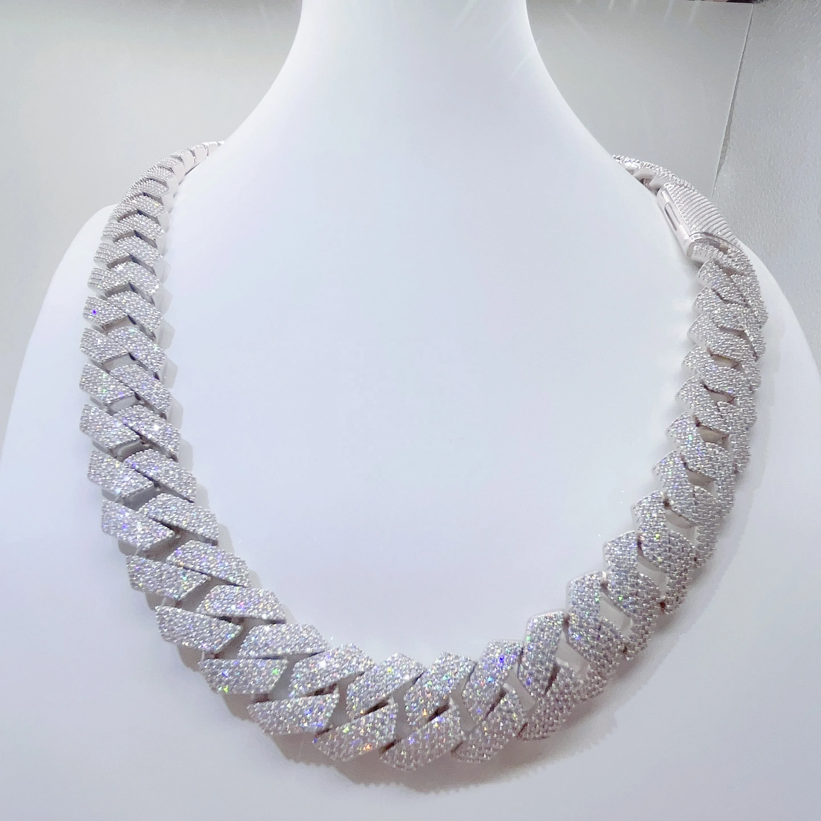 Moissanite Cuban Link Chain 20mm 3 Rows Pendant Necklace 40cm 14K Gold ...