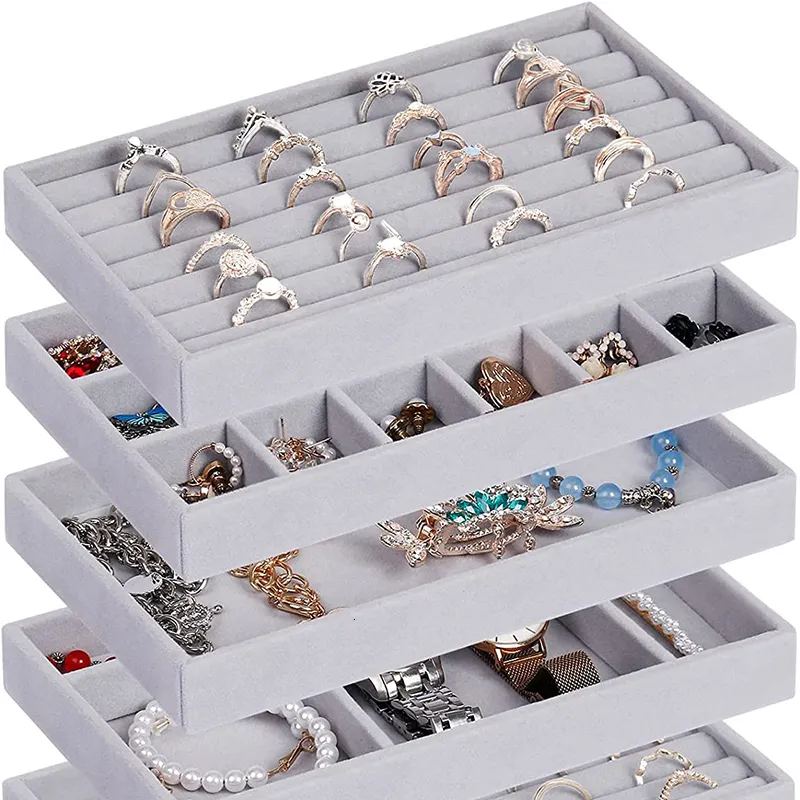 Soft Velvet Jewelry Box Organizer - Stackable Jewelry Tray Display Case ...